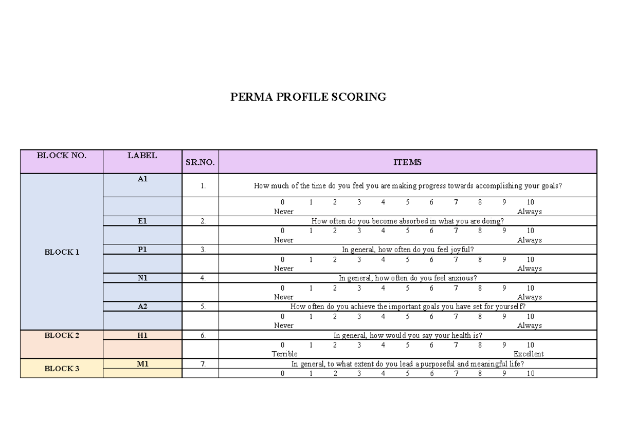 Perma Profile Items ( Scoring) - PERMA PROFILE SCORING BLOCK NO. LABEL ...