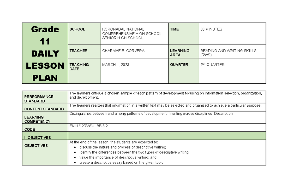 Descriptive Writing LP - PERFORMANCE STANDARD The learners critique a ...