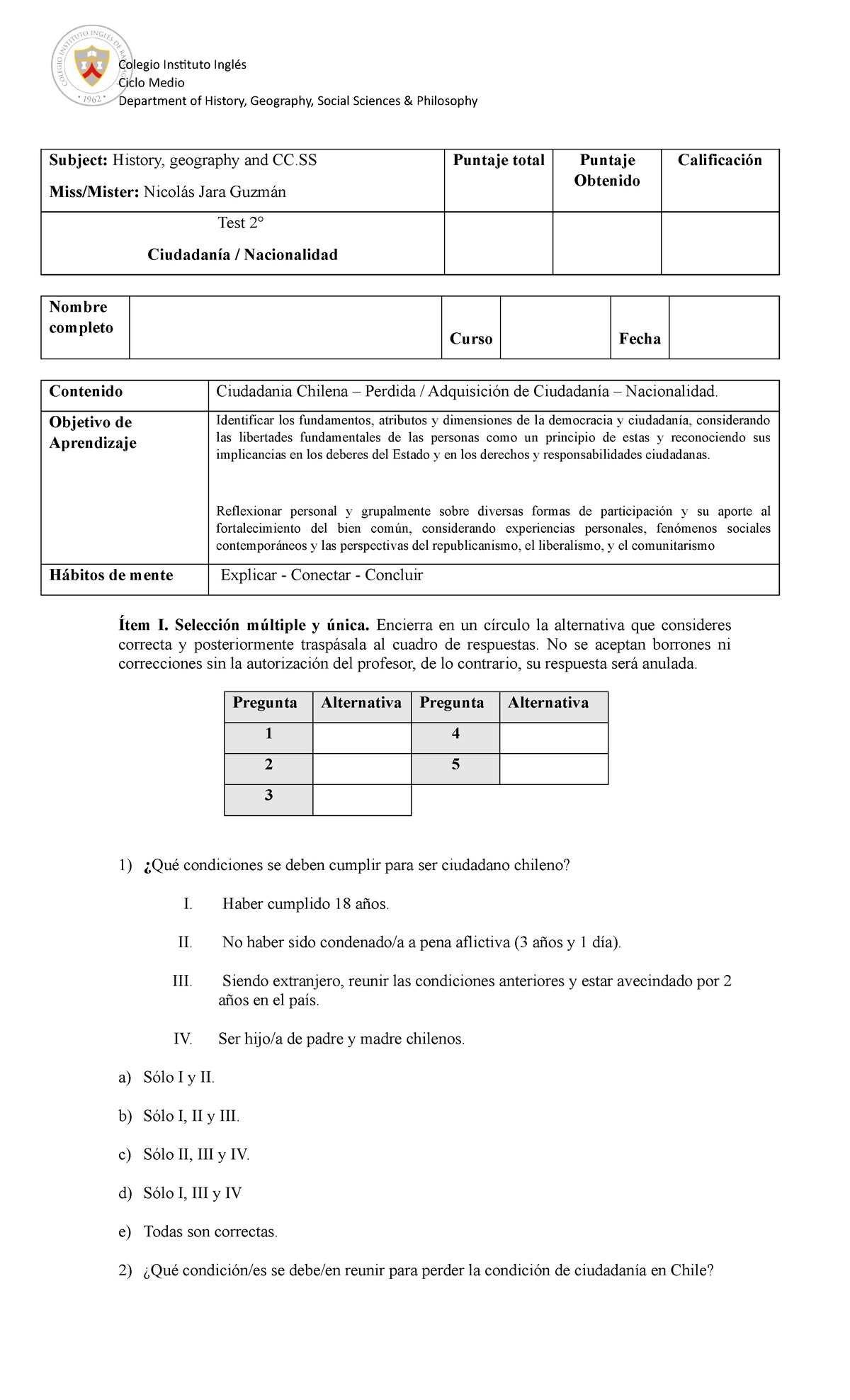 Prueba ciudadania - Colegio Instituto Inglés Ciclo MedioDepartment of ...