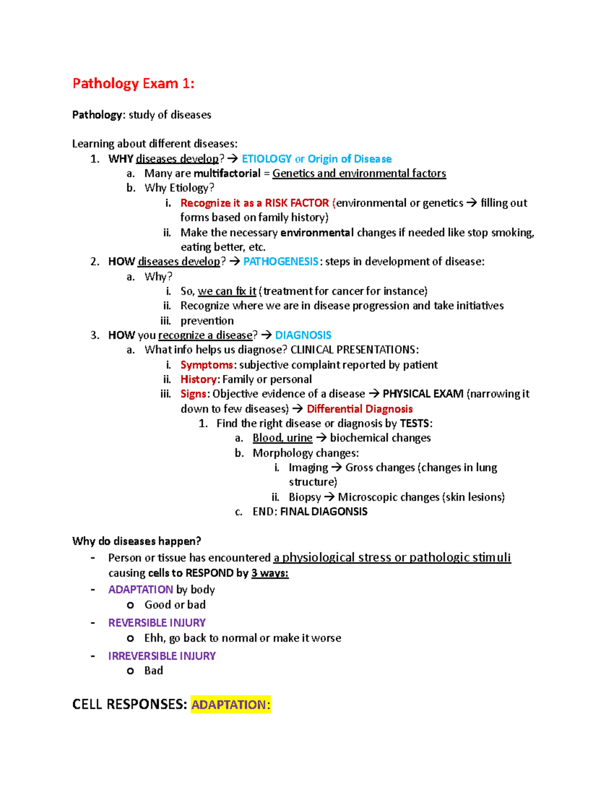 Pathology Exam 1 - Lecture notes - Pathology Exam 1: Pathology : study ...