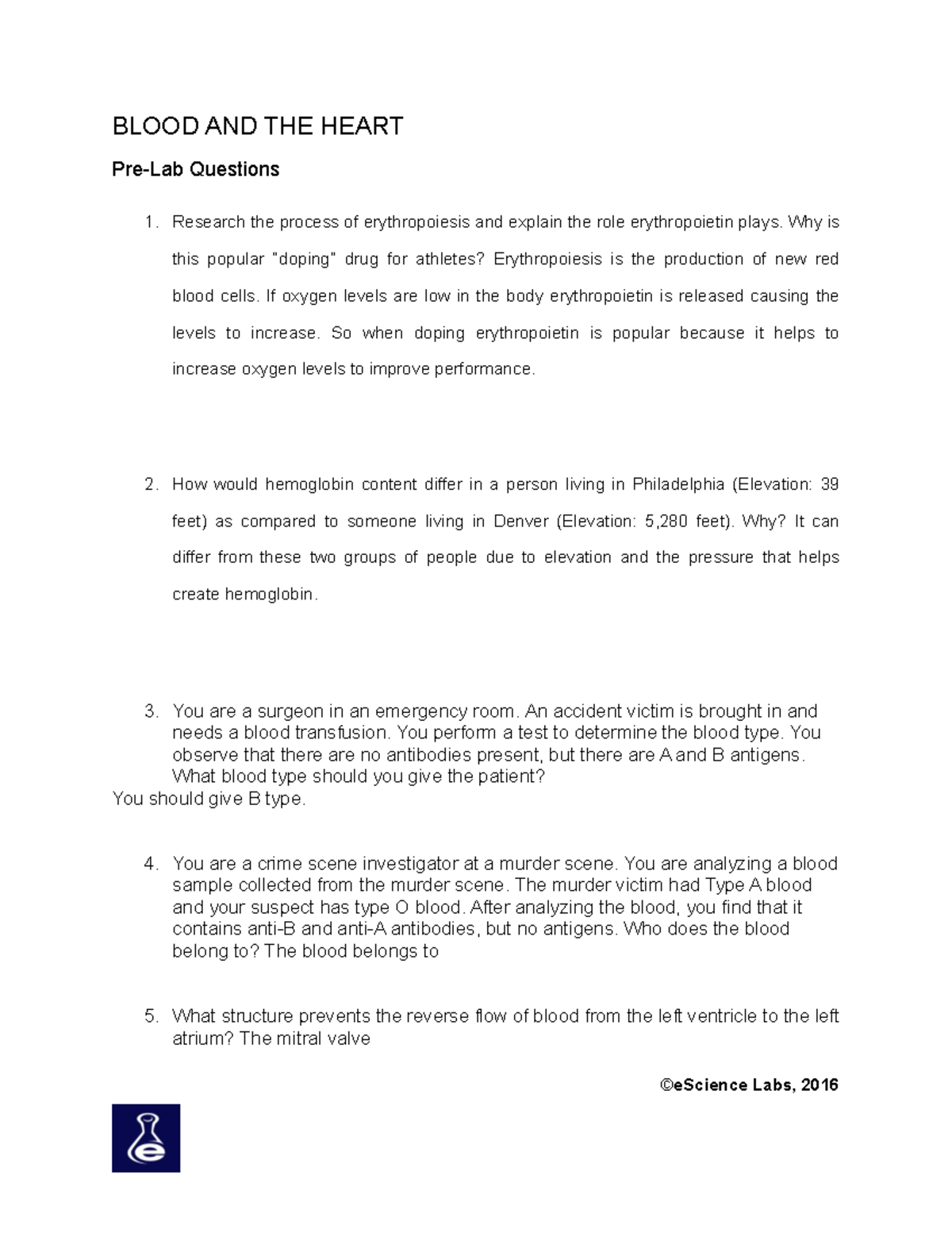 Blood and Heart - Second year - BLOOD AND THE HEART Pre-Lab Questions ...