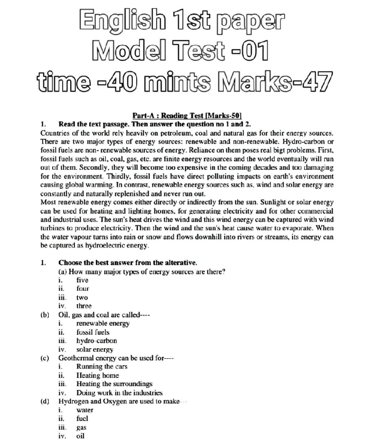 English 1st Paper MT-01 - time -4O mints Marks- Read the text passage ...
