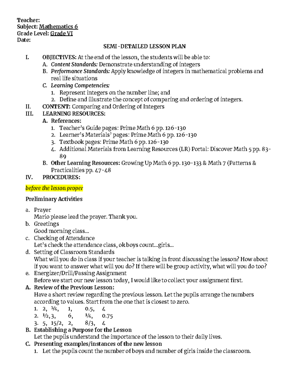 MATH 6 SEMI-DLP for DEMO - Teacher: Subject: Mathematics 6 Grade Level ...