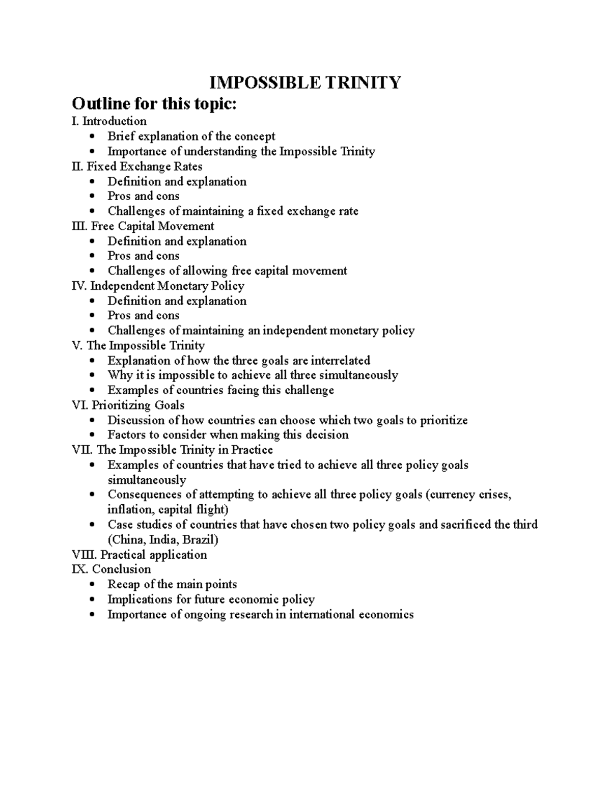 Impossible Trinity - IMPOSSIBLE TRINITY Outline for this topic: I ...