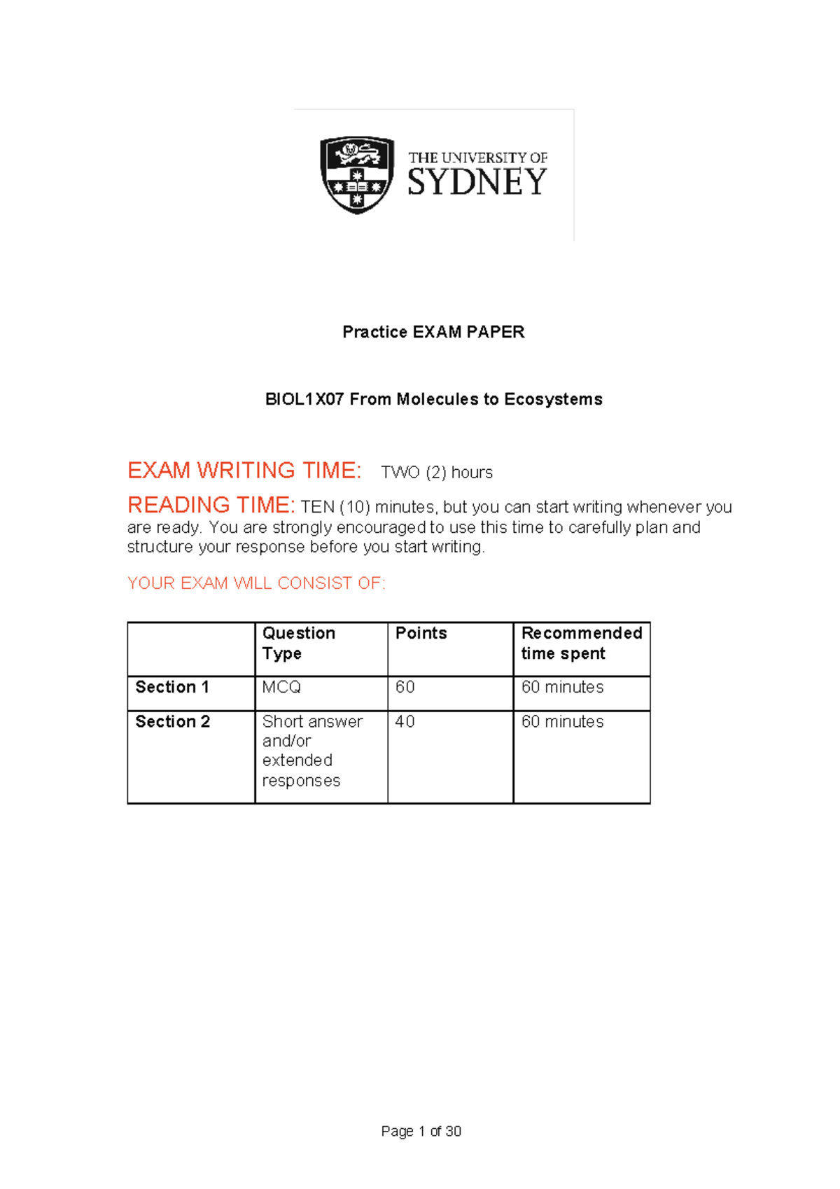 Practice Exam Questions - Practice EXAM PAPER BIOL1X07 From Molecules ...