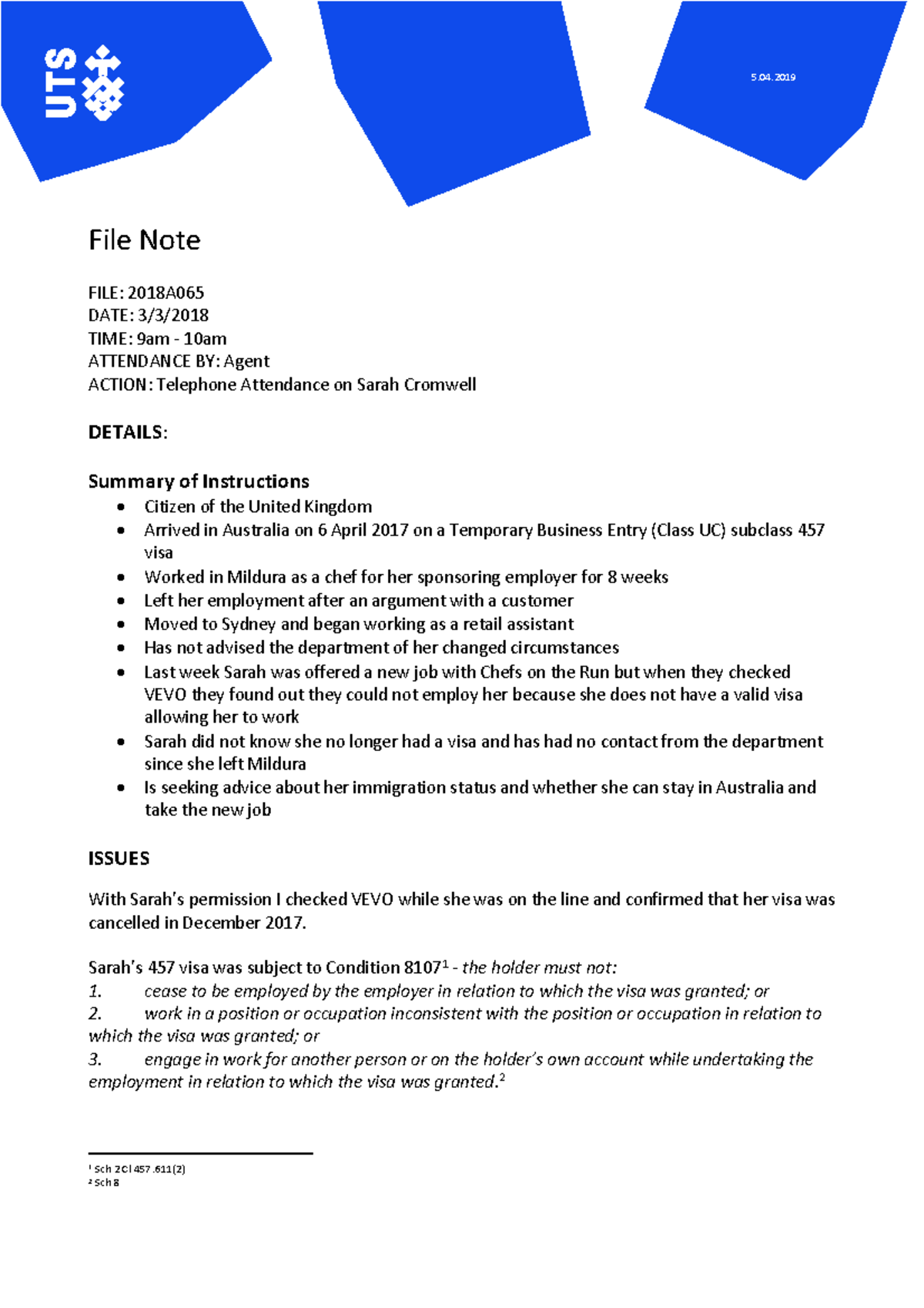 78300 File Note Example - File Note FILE: 2018A DATE: 3/3/ TIME: 9am ...