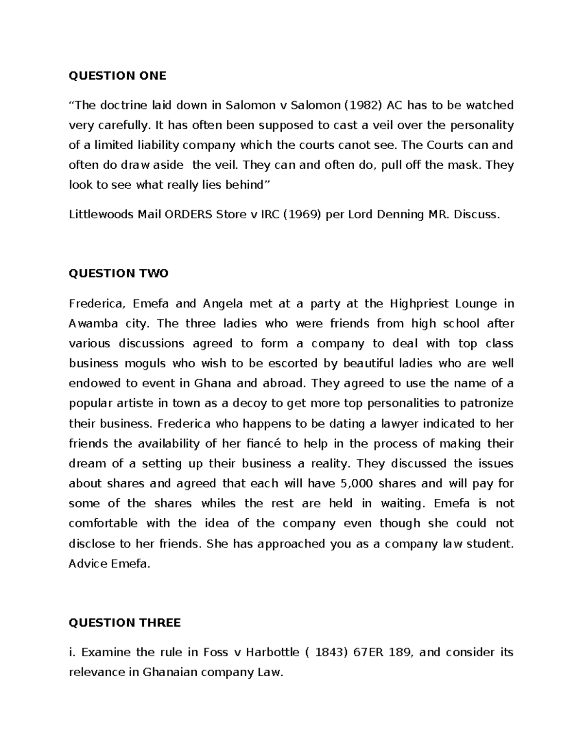Questions - assignment - QUESTION ONE “The doctrine laid down in ...