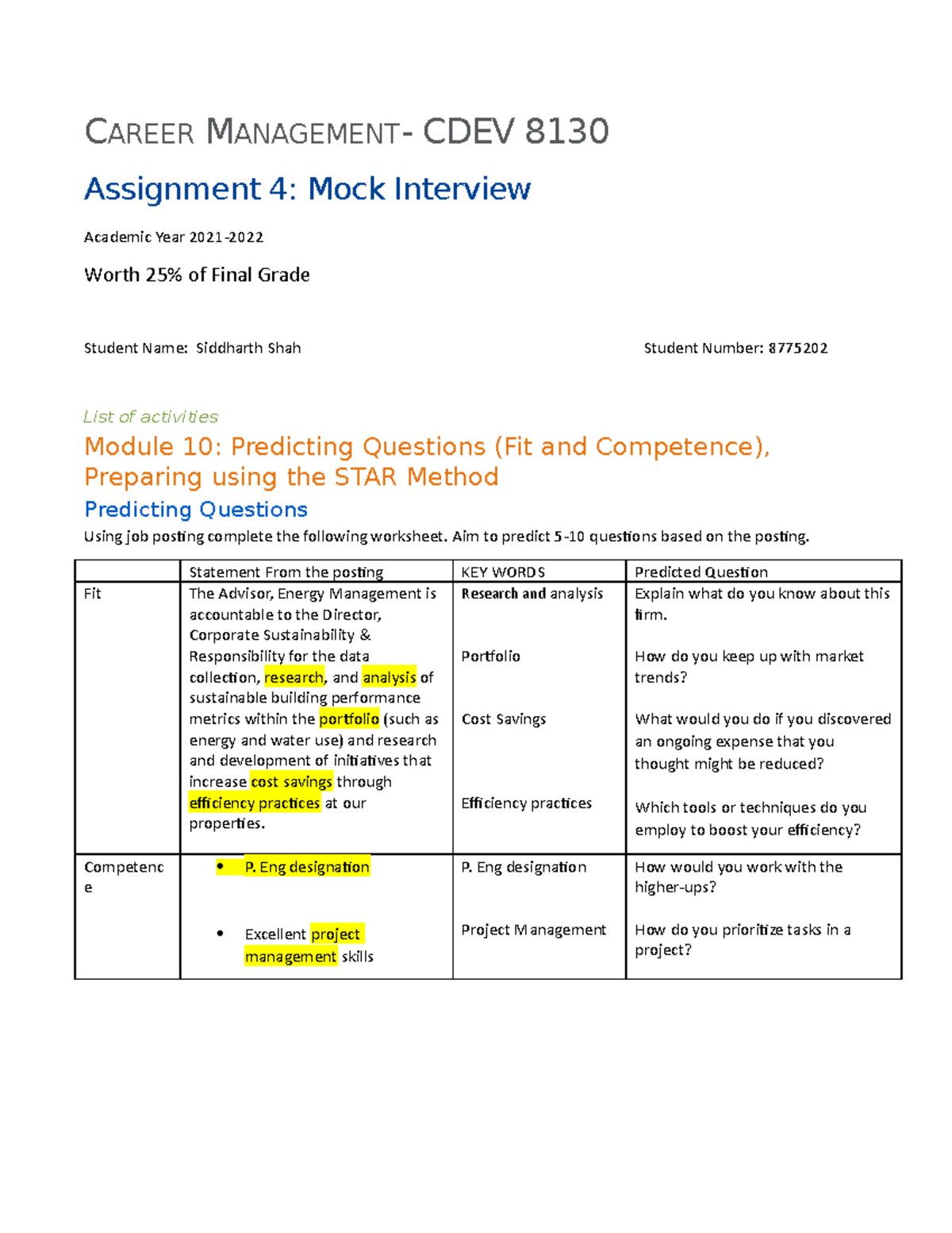 CDEV8130 Career Management Assignment 4 Mock Interview - CAREER ...