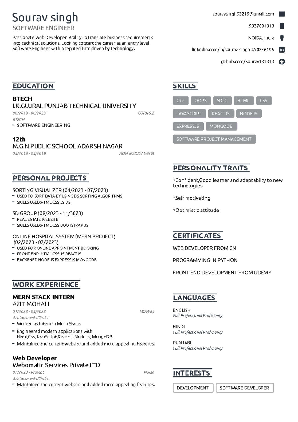 Sourav's Resume (8) - Sourav singh SOFTWARE ENGINEER Passionate Web Developer, Ability to ...