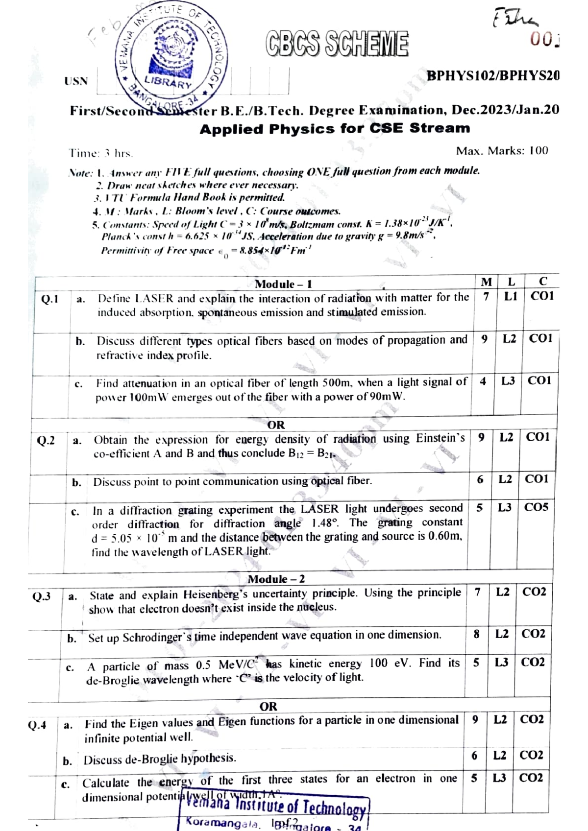 CSE & EEE physics previous year question papers - Q. Q. Q. Q. USN Time: 3 hrs. LIBRARY, - Studocu