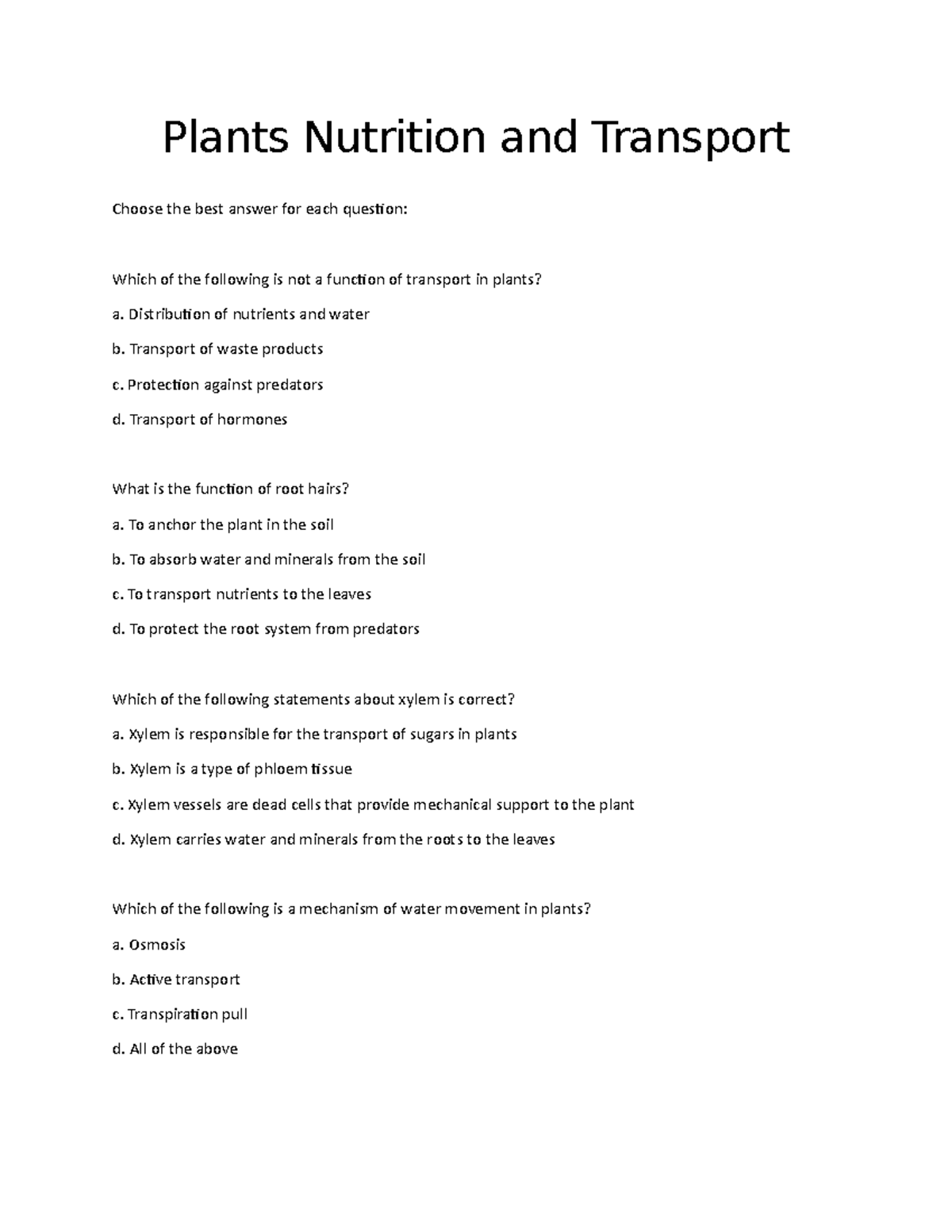 Plants Nutrition and Transport ws g9 - Plants Nutrition and Transport ...