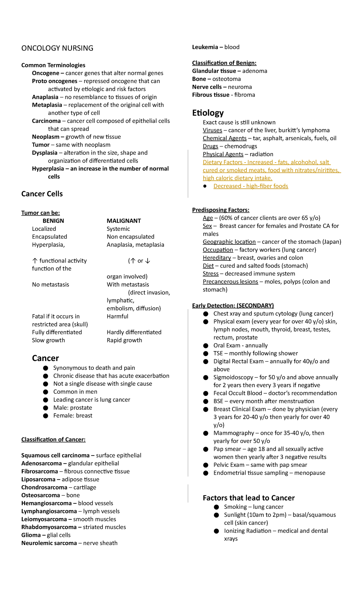 Oncology Nursing Notes - ONCOLOGY NURSING Common Terminologies Oncogene ...