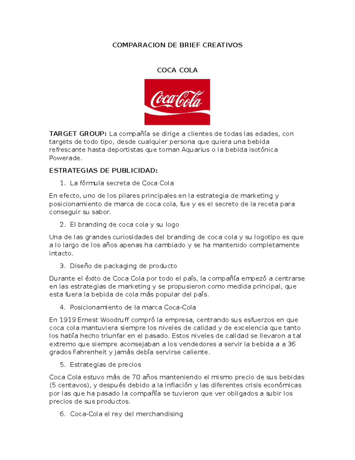 Brief'S Creativos - brief - COMPARACION DE BRIEF CREATIVOS COCA COLA ...