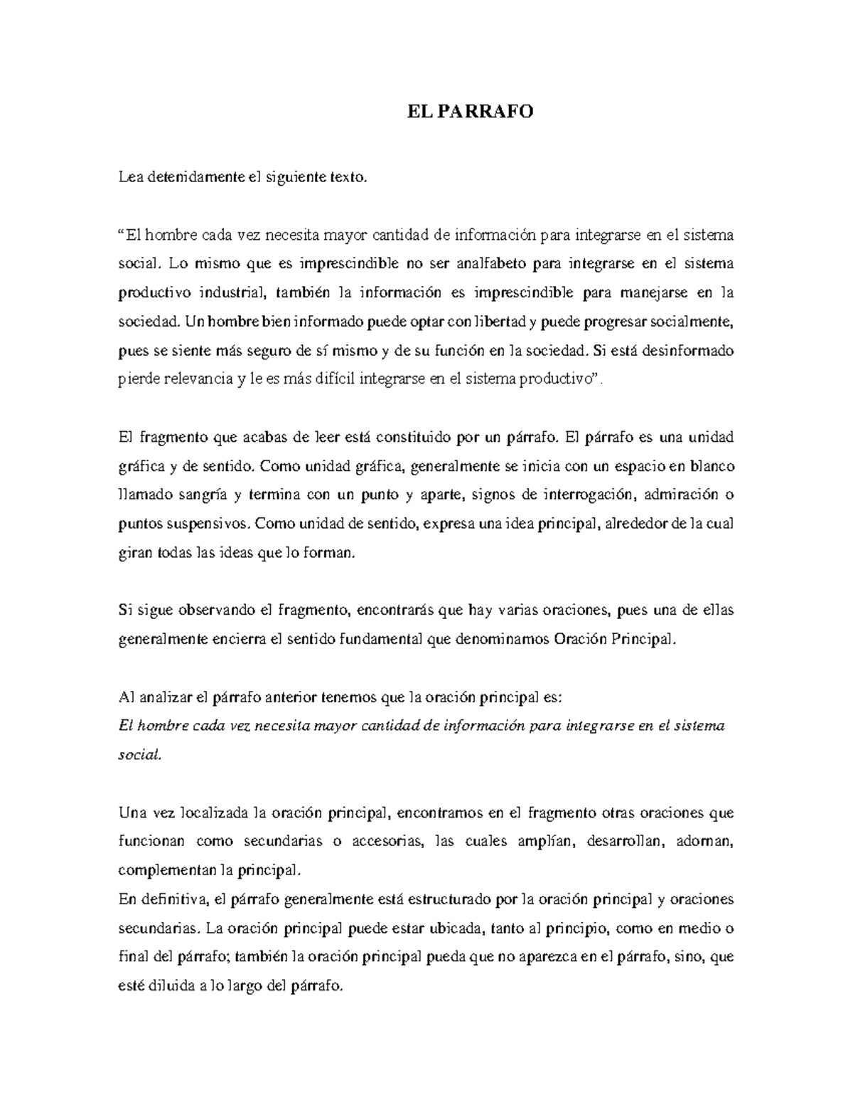 EL Parrafo Ejercicios - EL PARRAFO Lea detenidamente el siguiente texto ...