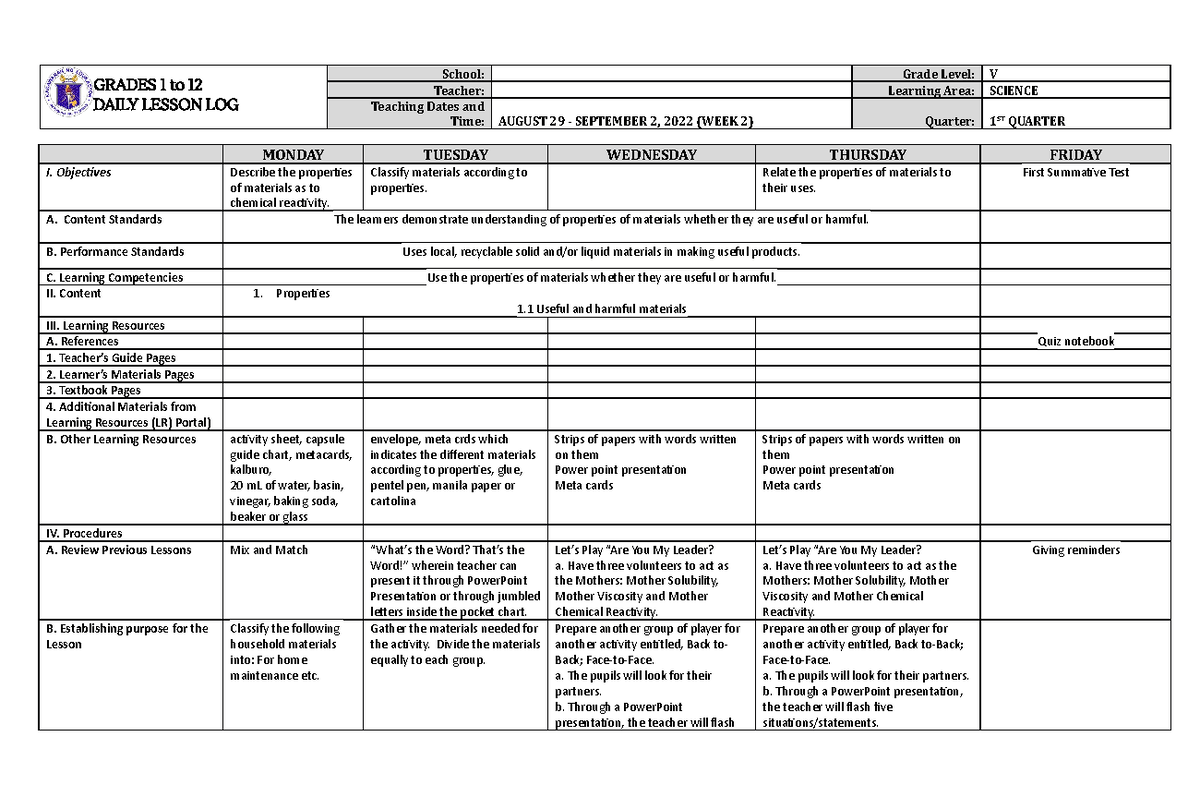 DLL Science 5 Q1 W2 - Detailed Lesson Plan - GRADES 1 to 12 DAILY ...