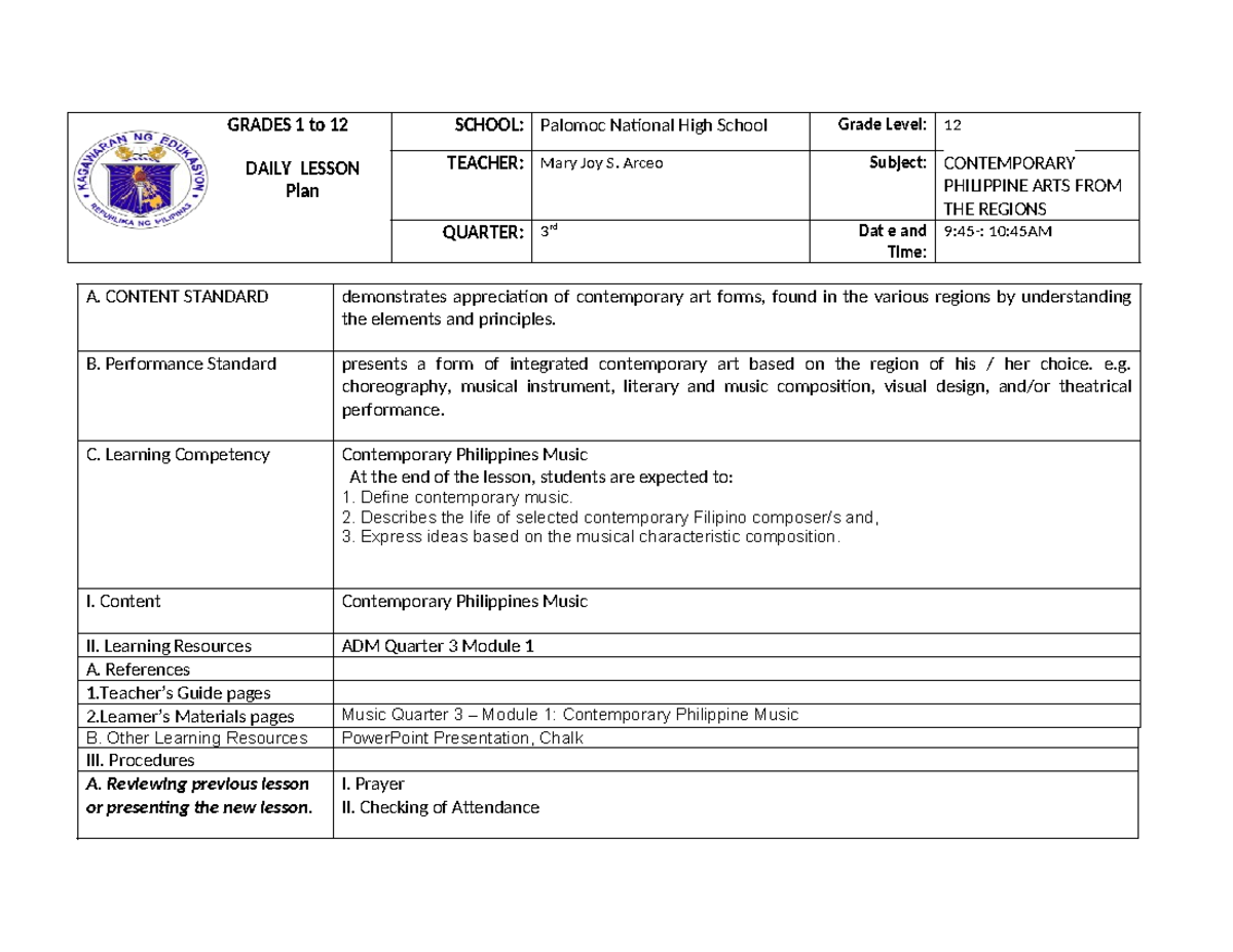 DLP in Grade 12 - GRADES 1 to 12 DAILY LESSON Plan SCHOOL: Palomoc ...