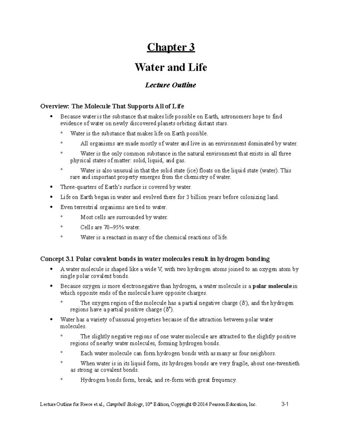 Reece 10e Lecture Ch03 - Chapter 3 Water and Life Lecture Outline ...