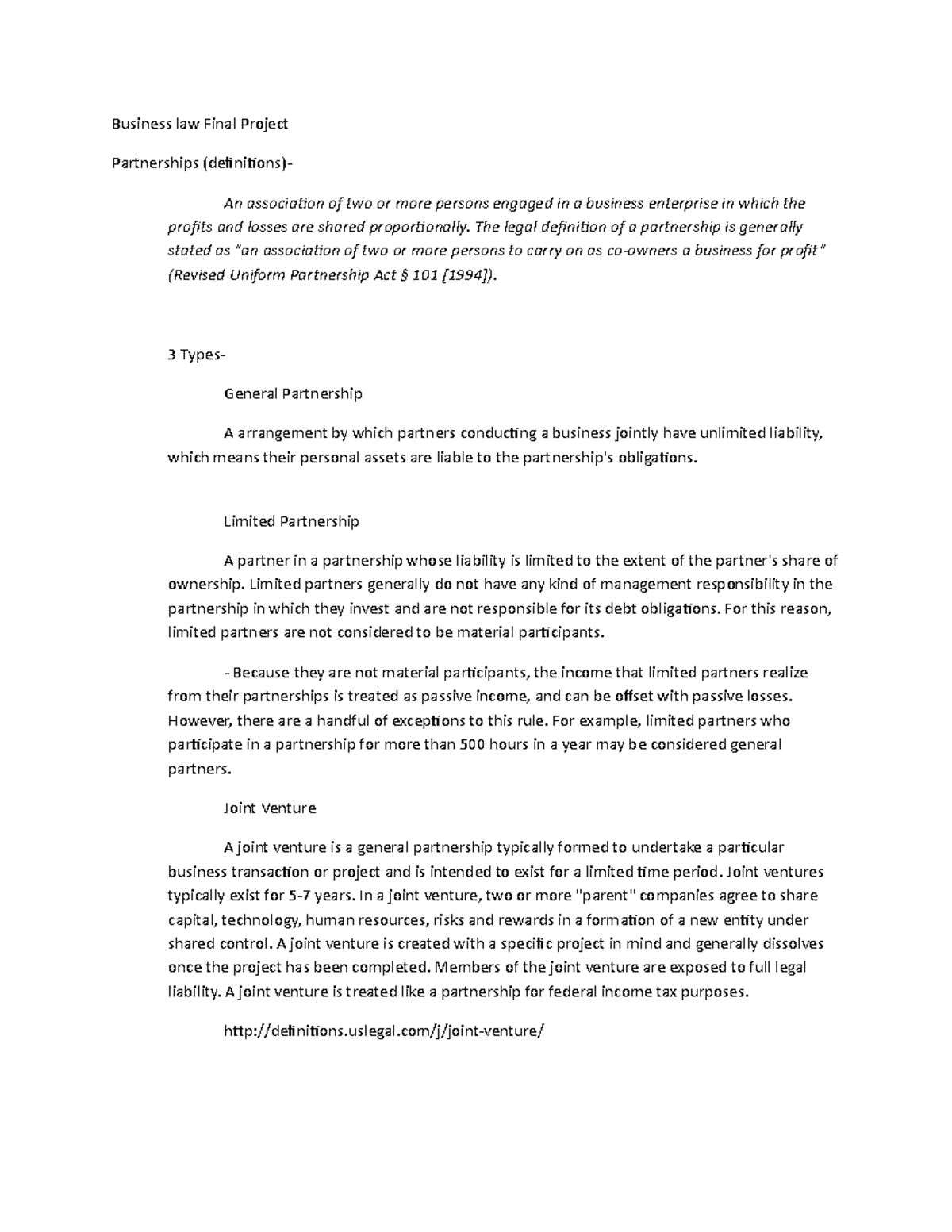 Buisness law Final Project - Business law Final Project Partnerships ...