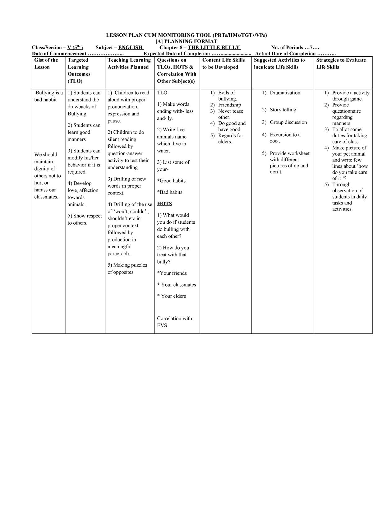THE Little Bully - lesson plan - LESSON PLAN CUM MONITORING TOOL (PRTs/HMs/TGTs/VPs) [A ...