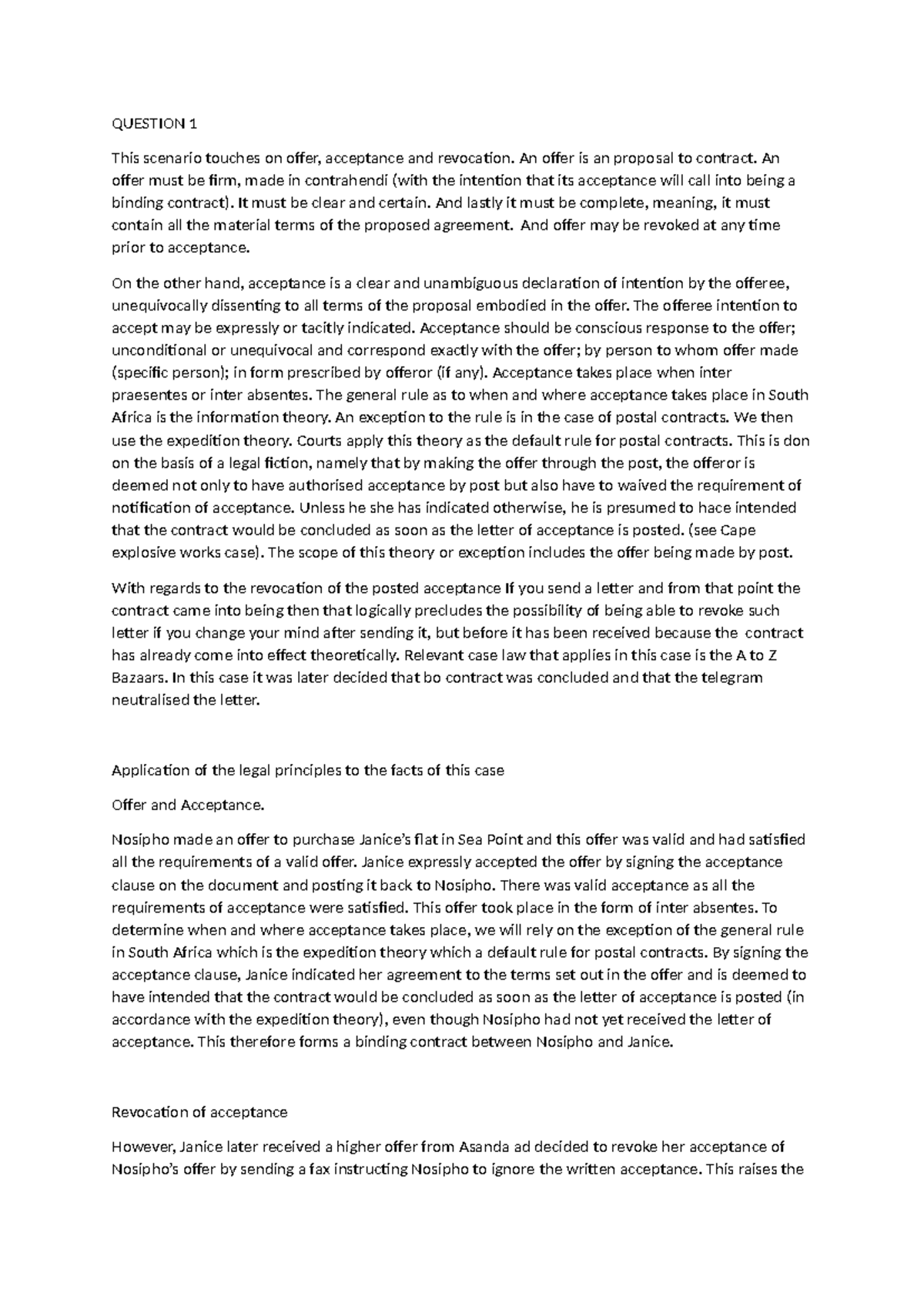 Contract tutorial 2 - QUESTION 1 This scenario touches on offer, acceptance and revocation. An ...