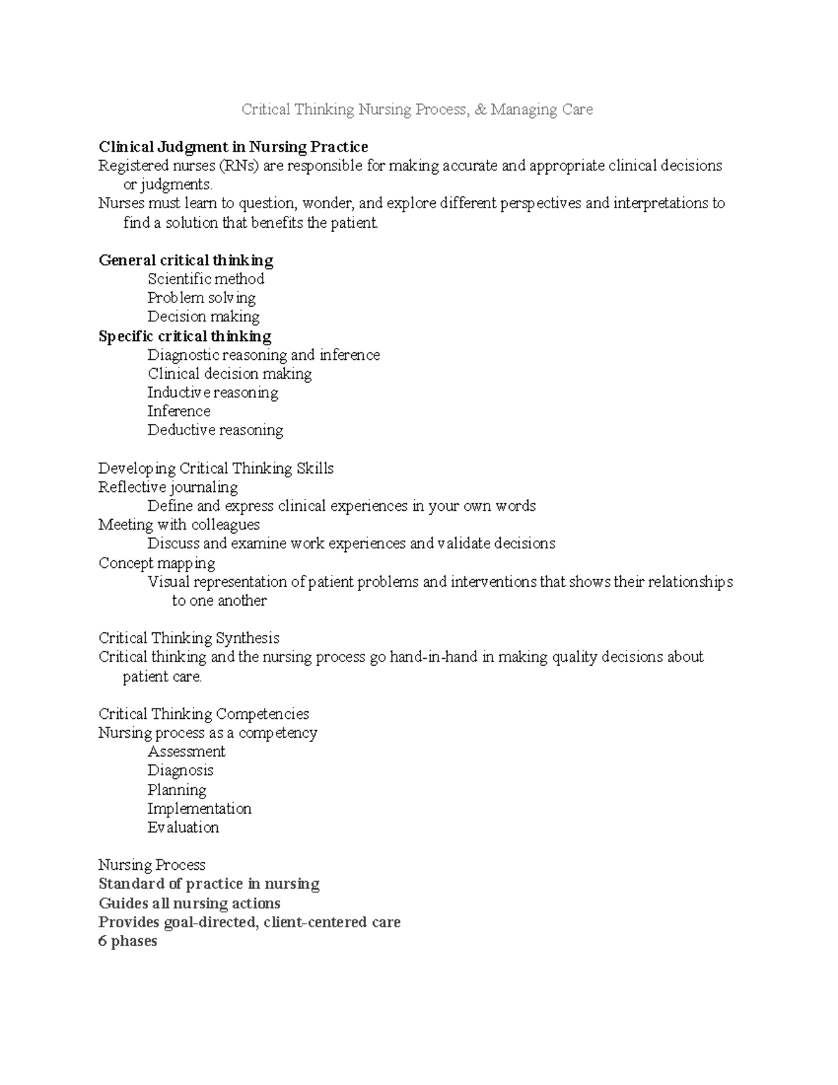Week 1 notes - Critical Thinking Nursing Process, & Managing Care ...
