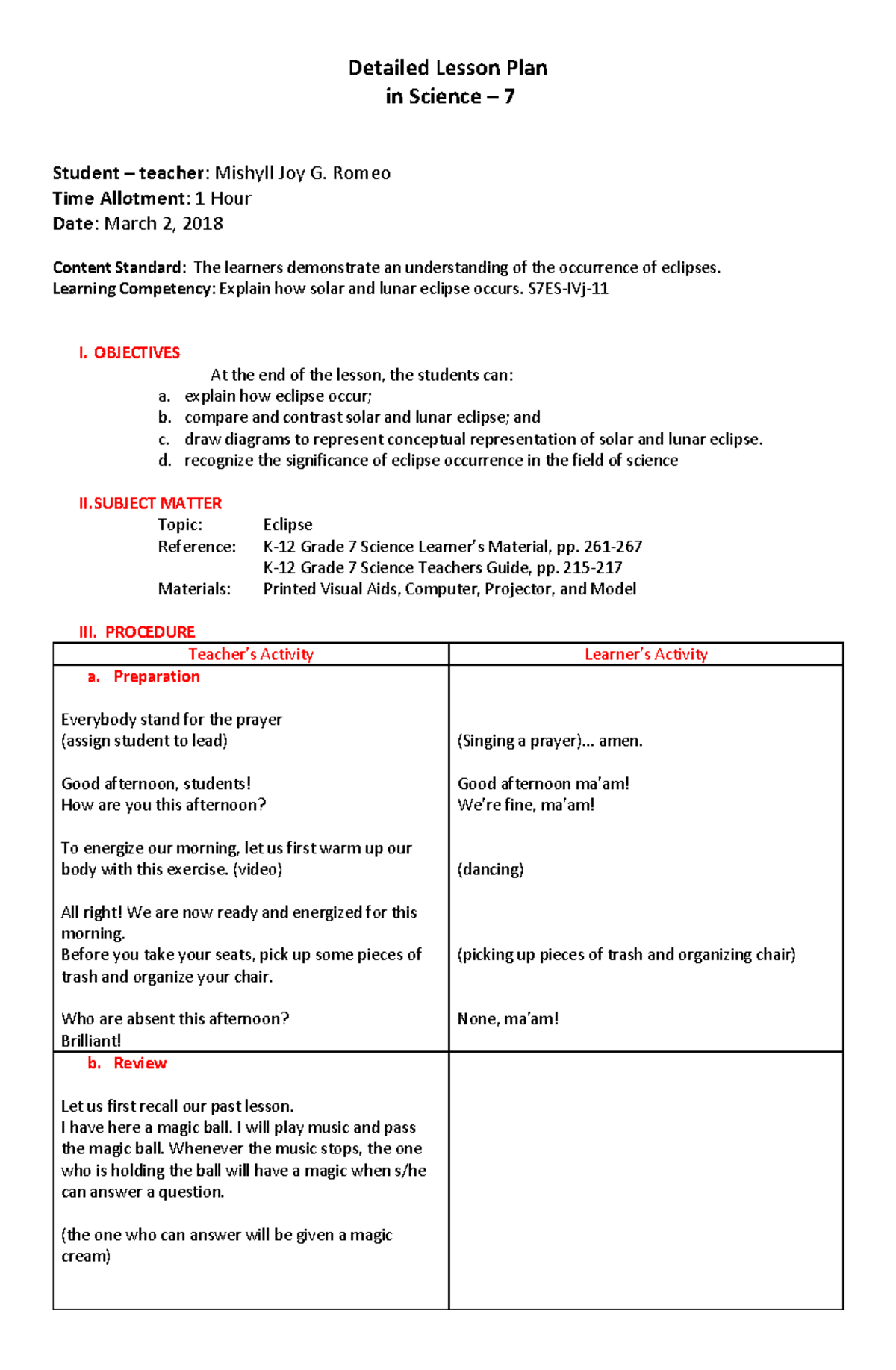 Solar Eclepse - Detailed Lesson Plan in Science – 7 Student – teacher ...