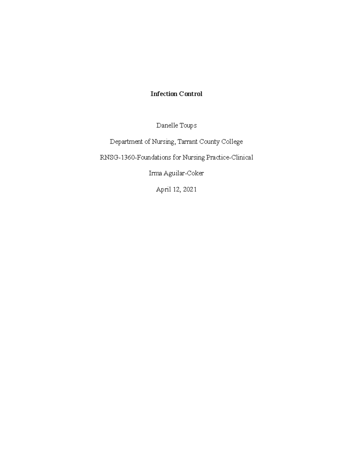 Sample paper ebp - Infection Control Danelle Toups Department of ...