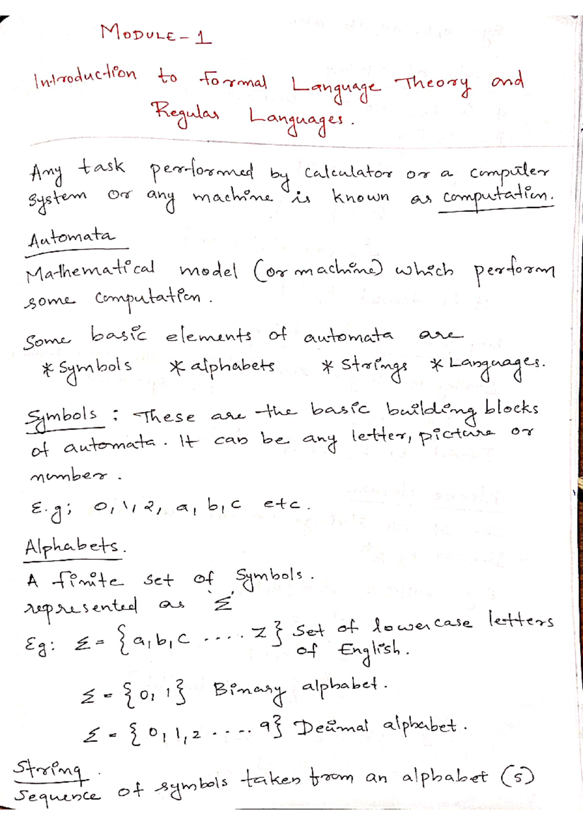 Module 1- FLAT - nothing - MODULE 1 Introduction to Formal Language Theory and Regular Languages ...