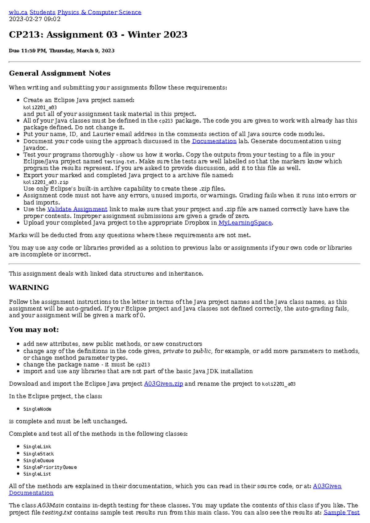 CP213 - ASSIGNMENT 03 - wlu Students Physics & Computer Science 2023-02-27 09: CP213: Assignment ...