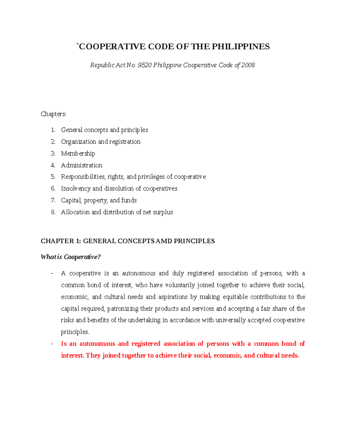 Cooperative 2 - chap 1-5 - `COOPERATIVE CODE OF THE PHILIPPINES ...