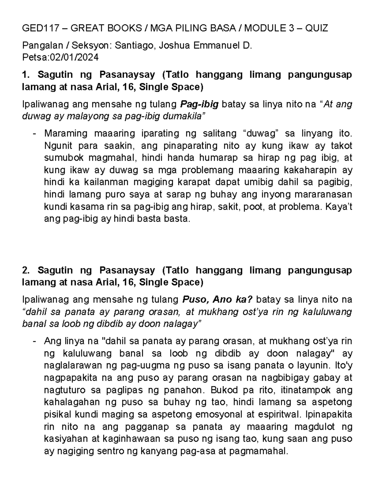GED117 MOD3QUIZ - GED117 – GREAT BOOKS / MGA PILING BASA / MODULE 3 – QUIZ Pangalan / Seksyon ...