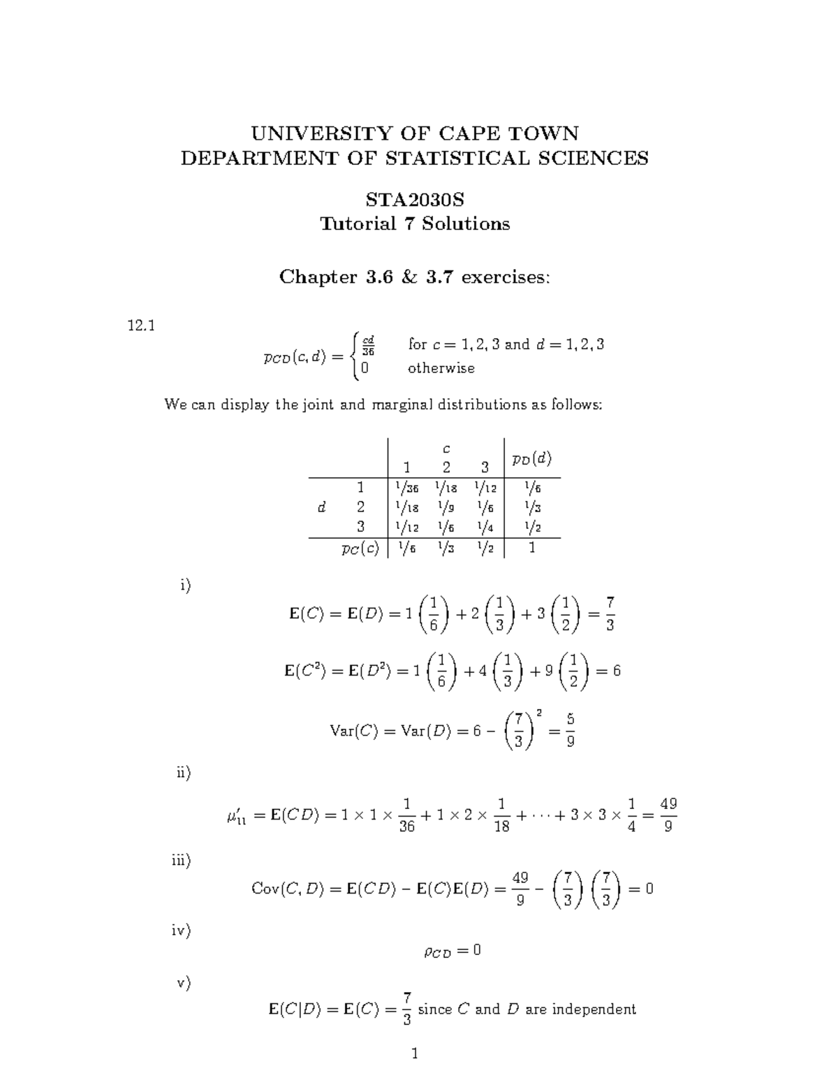 Tutorial 7 solutions - UNIVERSITY OF CAPE TOWN DEPARTMENT OF ...