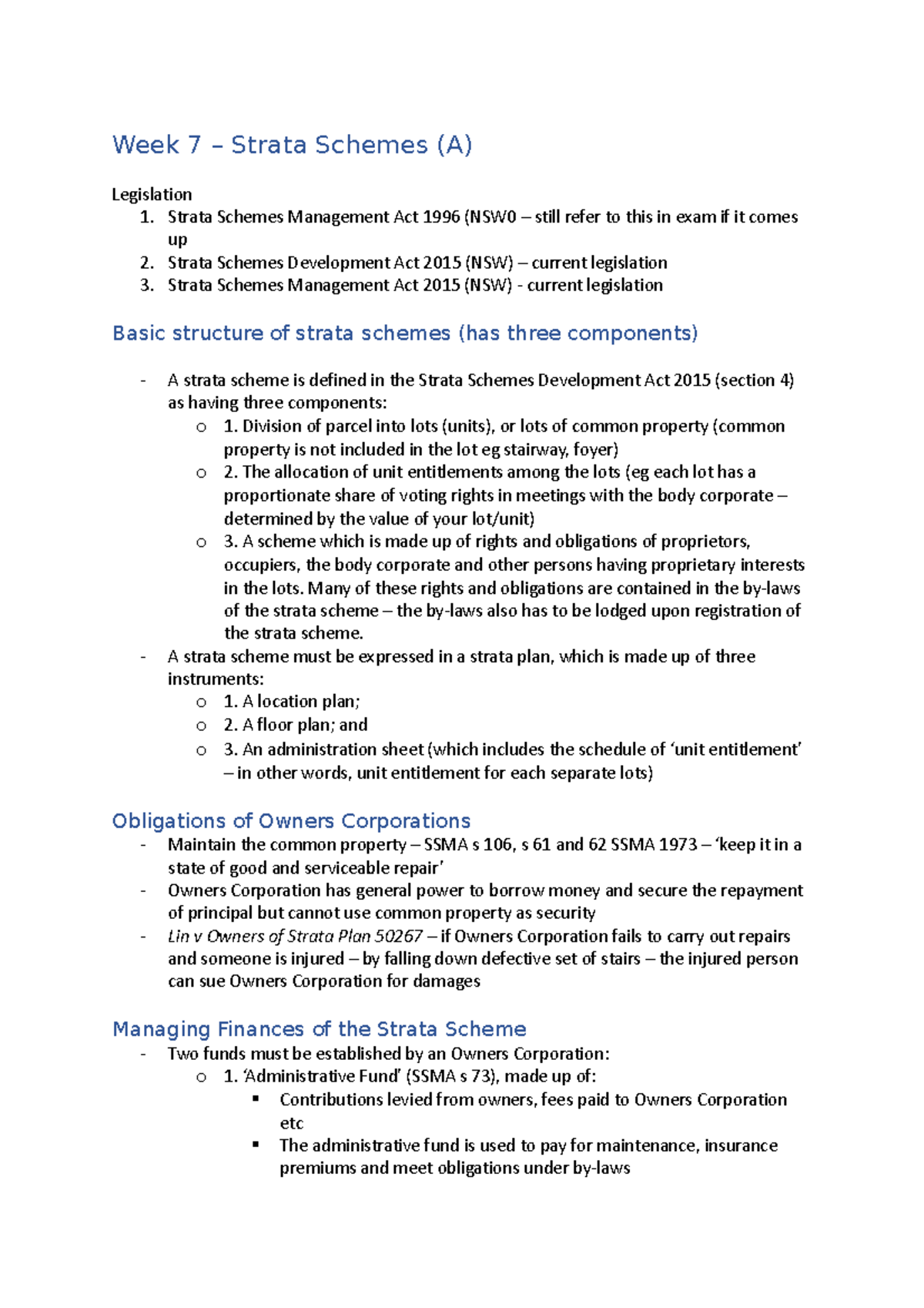 Property Law A notes - Week 7 – Strata Schemes (A) Legislation 1 ...