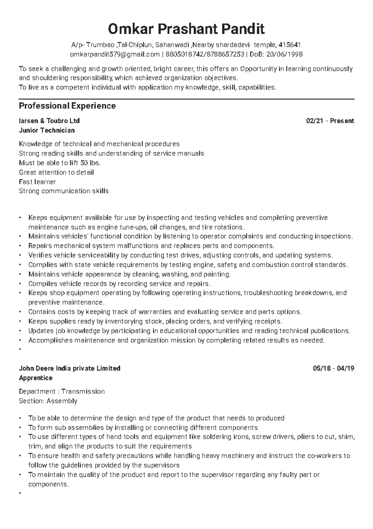 Omkar Prashant Pandit - Resume - Omkar Prashant Pandit A/p- Trumbao ...