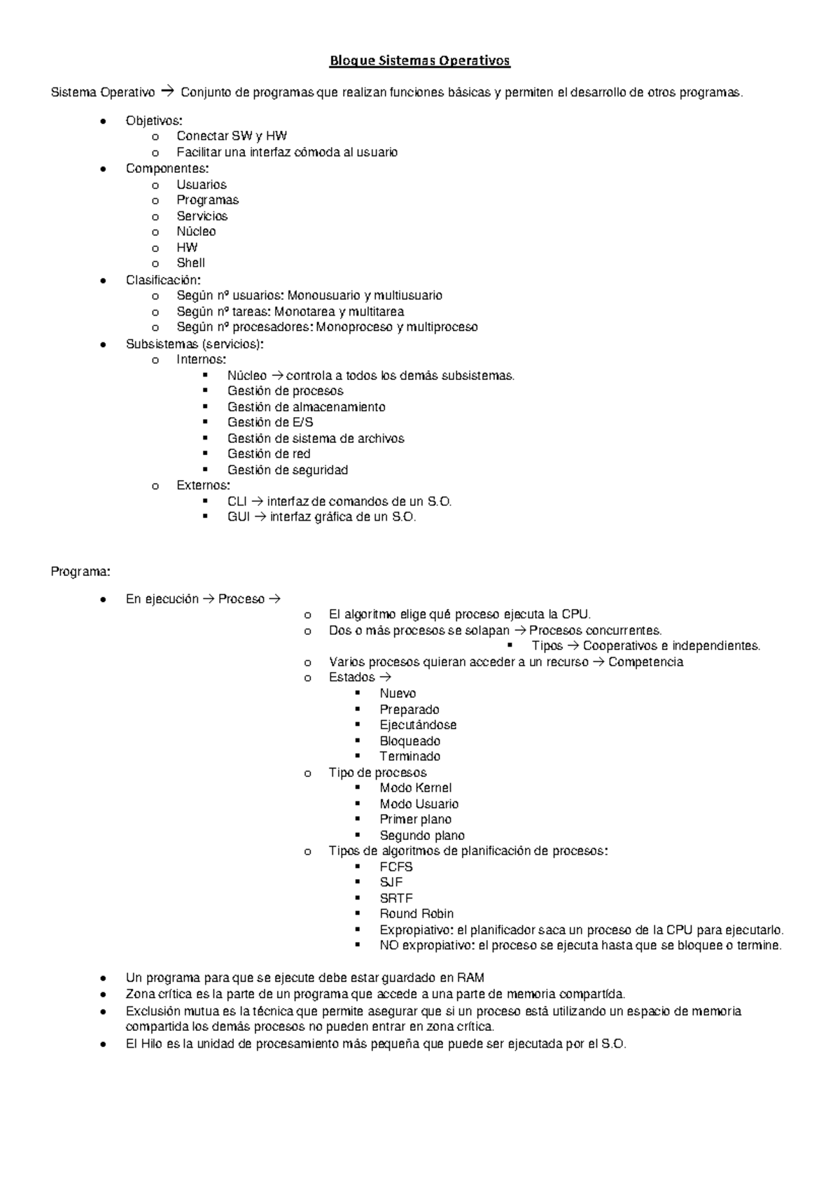 Resumen Bloque Sistemas Operativos - Bloque Sistemas Operativos Sistema Operativo → Conjunto de ...