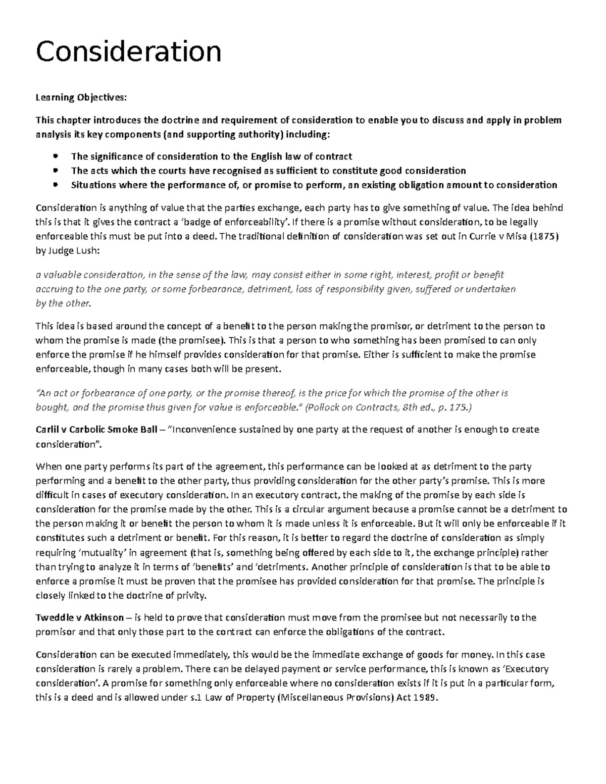 Notes on Consideration in Contract Law - Consideration Learning ...