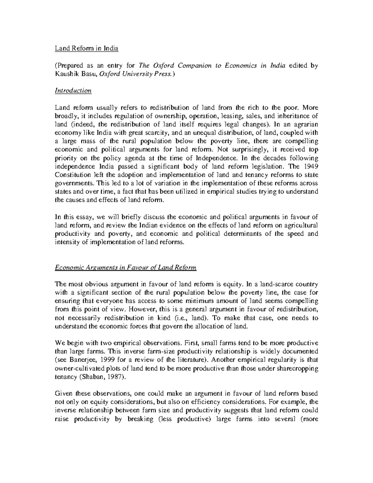 Land Reform - notes - Land Reform in India (Prepared as an entry for ...