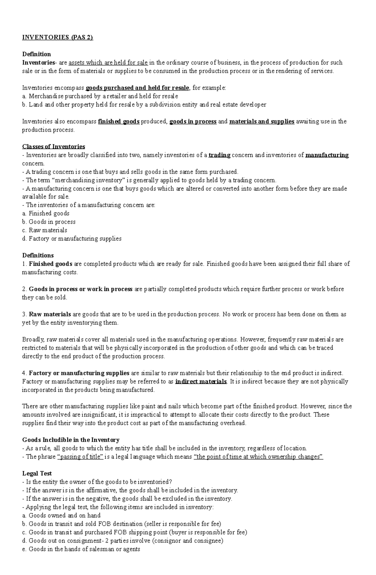 Inventory Topics - NOTES MATERIALS - INVENTORIES (PAS 2) Definition ...