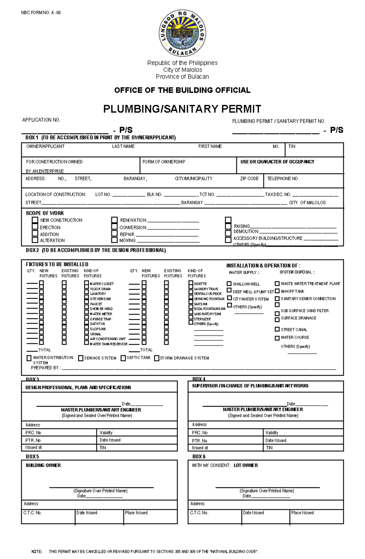 Plumbing Sanitary Permit front and back - NBC FORM NO. A - Republic of ...