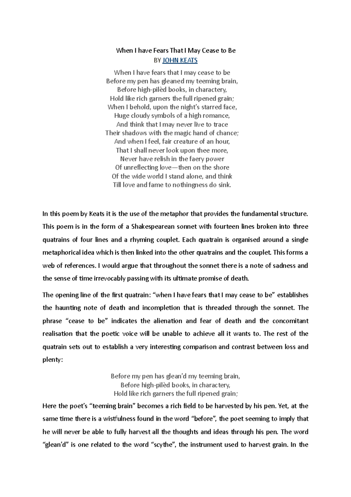When Ihave Fears That IMay Ceaseto Be John Keats - When I have Fears ...