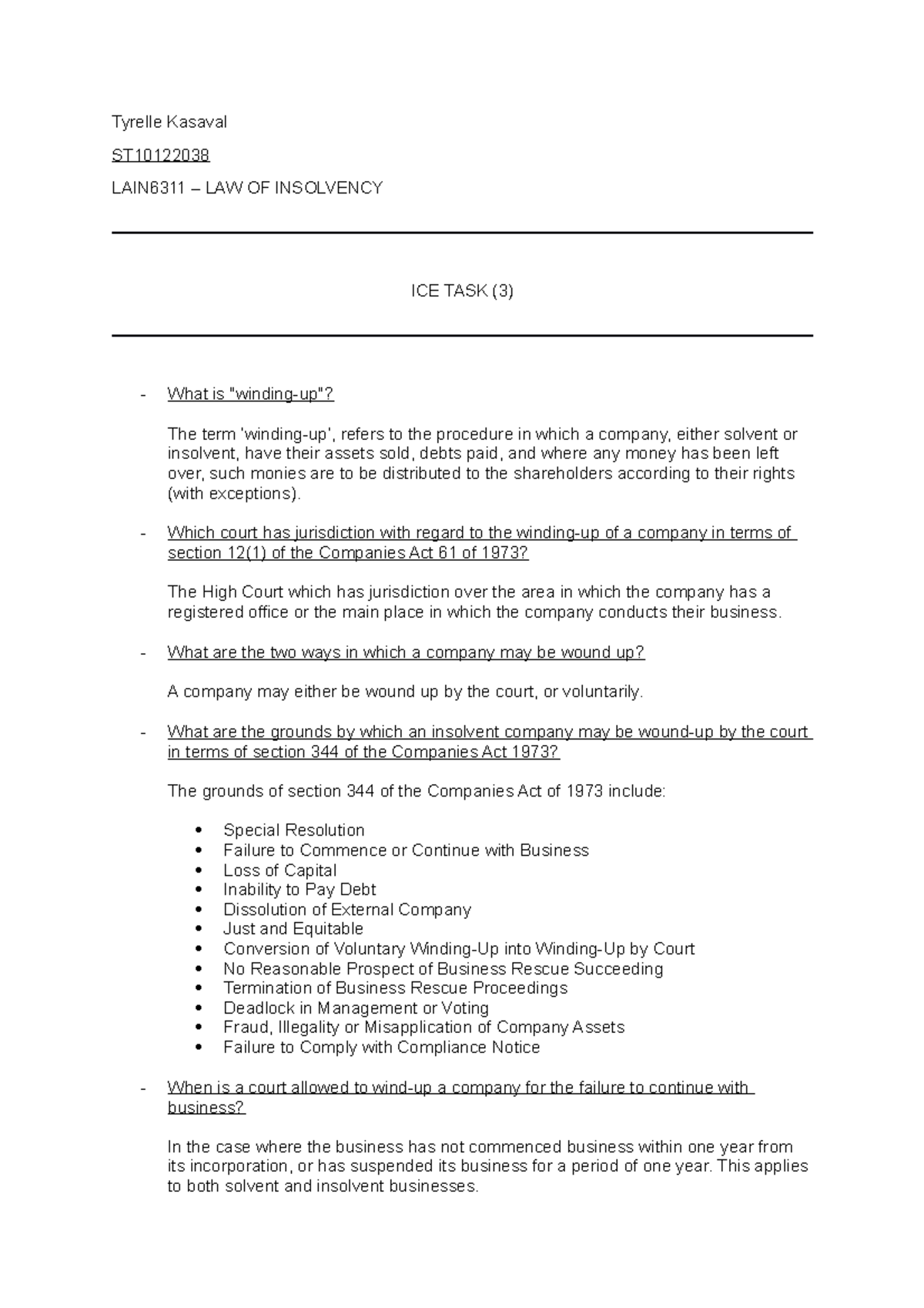 ICE TASK 3 - Ice Task 3 - Law of Insolvency - Tyrelle Kasaval ST ...