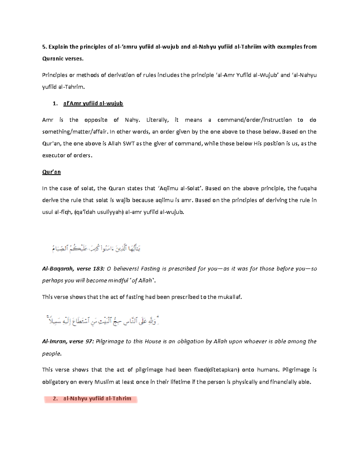 Question 5 - My answer for q5 tutorial - 5. Explain the principles of al-8amru yufiid al-wujub ...