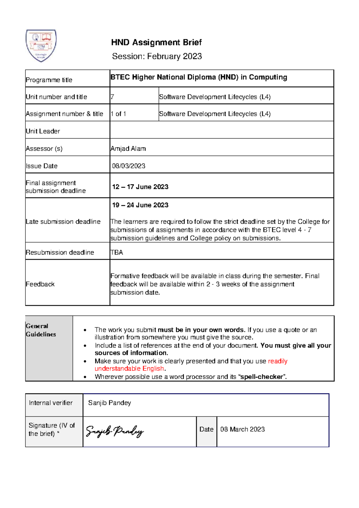 CW Unit7-Software Development Lifecycles -Feb23 - HND Assignment Brief ...