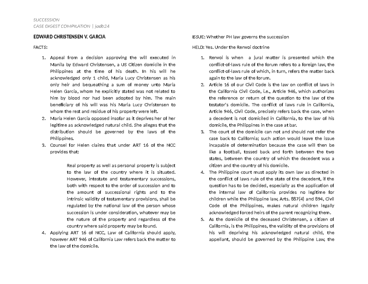 Succession CD - CASE DIGEST COMPILATION | jadb EDWARD CHRISTENSEN V. GARCIA FACTS: 1. Appeal ...