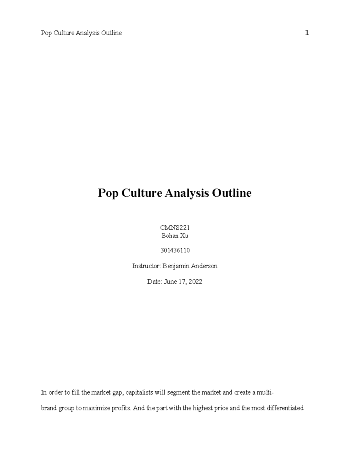 CMNS221 Pop Culture Analysis Outline - Pop Culture Analysis Outline 1 ...