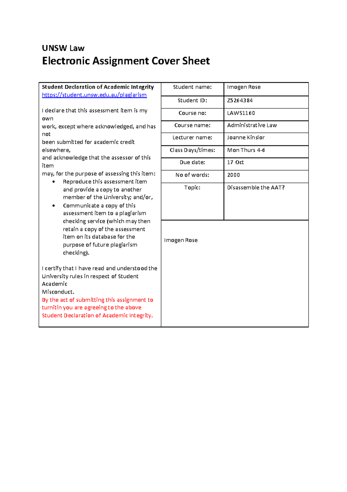 AAT Merit Deficiency - UNSW Law Electronic Assignment Cover Sheet ...