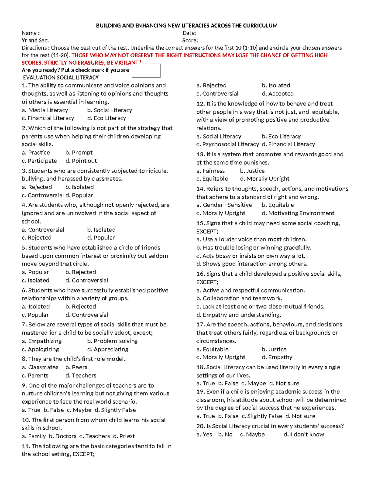 Social Literacy Examination - BUILDING AND ENHANCING NEW LITERACIES ...