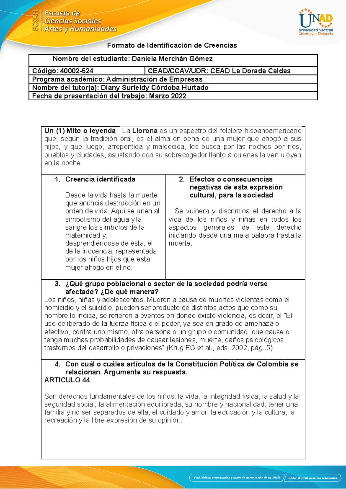 Fase 2 Daniela Merchan Gomez - Formato de Identificación de Creencias ...