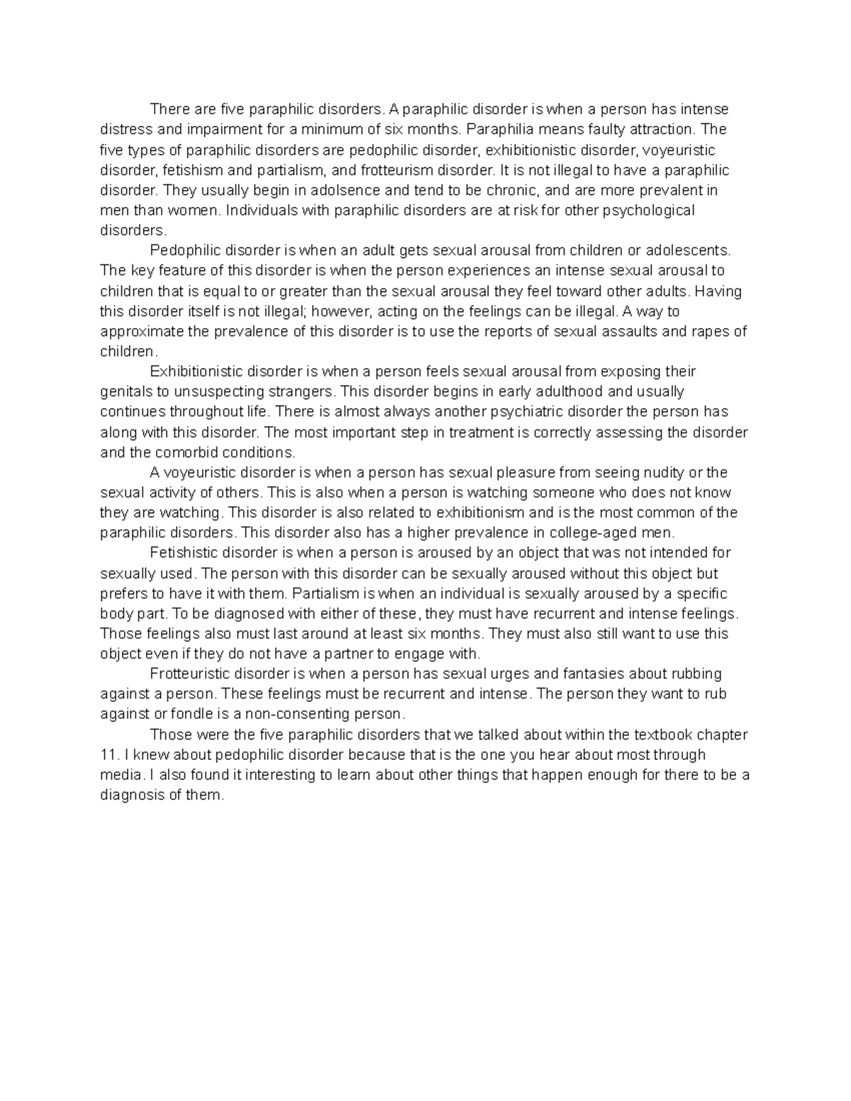 Prop 8 Prop Assignment There Are Five Paraphilic Disorders A Paraphilic Disorder Is When A