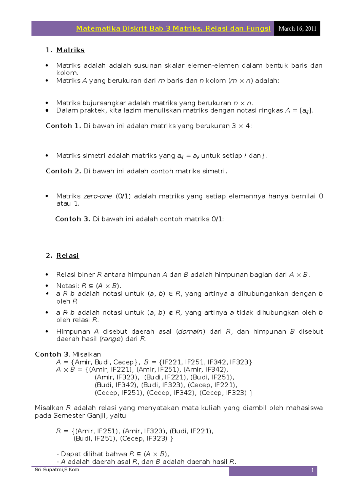 3-4-Matriks, Relasi dan Fungsi - Matriks Matriks adalah adalah susunan ...